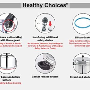 Healthy Choices 5 Quart Pressure Cooker, Stainless Steel, Unique Double Safety Valve, Olla de Presion Acero Inoxidable, Gas Stove & Induction Compatible, Instant Cooking, Indian Cookware, 5 Liters