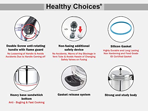 Healthy Choices 5 Quart Pressure Cooker, Stainless Steel, Unique Double Safety Valve, Olla de Presion Acero Inoxidable, Gas Stove & Induction Compatible, Instant Cooking, Indian Cookware, 5 Liters