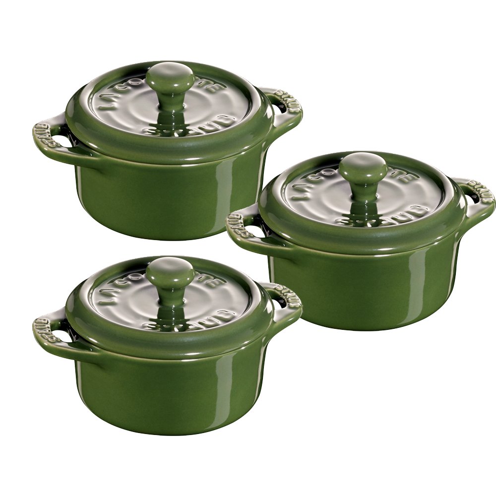 STAUB Ceramics Mini Round Cocotte Set, 3-piece, Basil