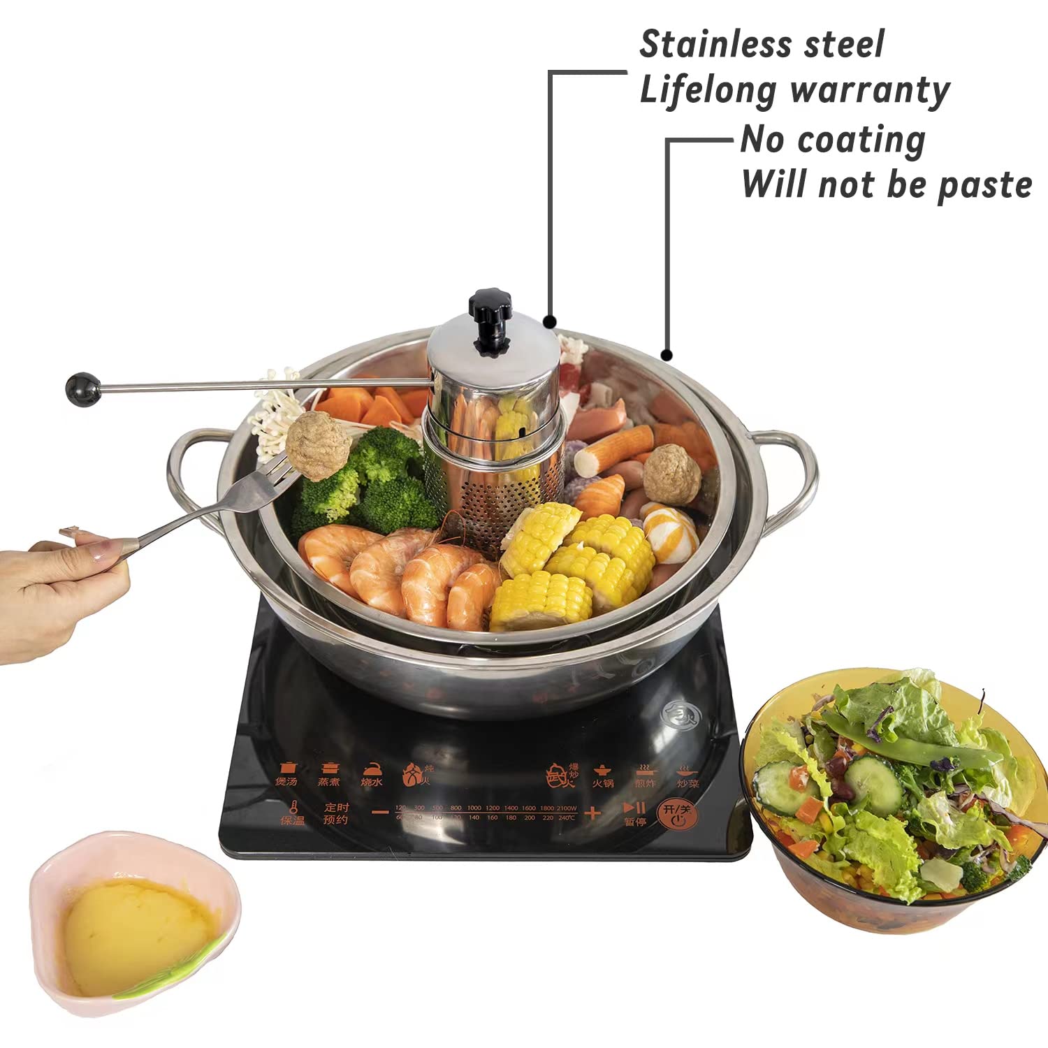 Shabu Shabu Hot Pot - Stainless Steel Gas Stove and Induction Cooktop Compatible Sukiyaki Pot - Donabe Cookware Made in China- 13.8" Capacity, 3.9" Deep Korean Ramen