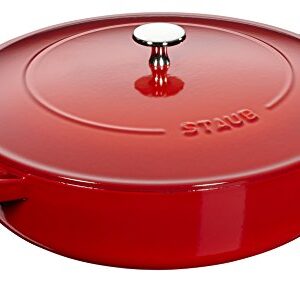 Staub 40511-475 Braiser Saute Pan, Cherry, 9.4 inches (24 cm), Double Handed, Cast Enameled Pot, Shallow Type, Sukiyaki, Induction Compatible, Made in Japan