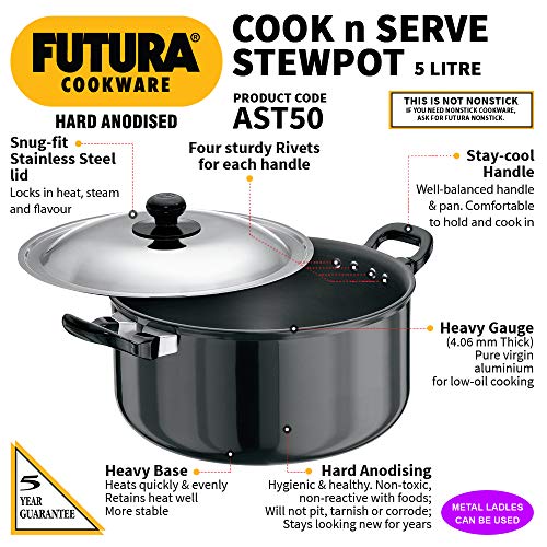 Futura Hard Anodised Stewpot, 5 LITER, Black