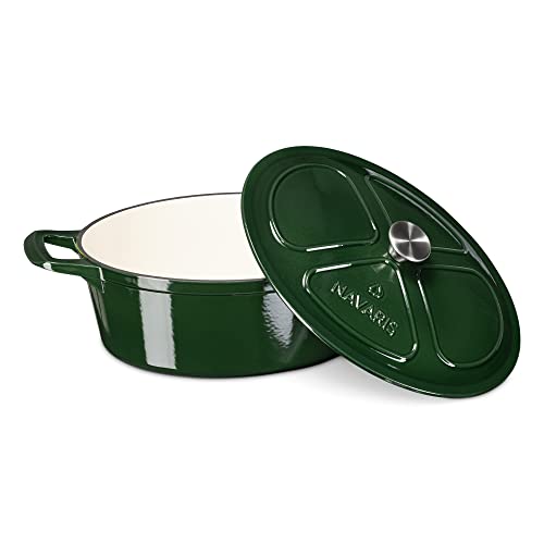 Navaris Enameled Dutch Oven - 8.1 QT Cast Iron Pot with Lid - Oval Non-Stick Large Covered Enamel Cookware - Safe for Induction Stove Top - Dark Green