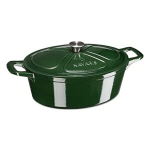 Navaris Enameled Dutch Oven - 8.1 QT Cast Iron Pot with Lid - Oval Non-Stick Large Covered Enamel Cookware - Safe for Induction Stove Top - Dark Green