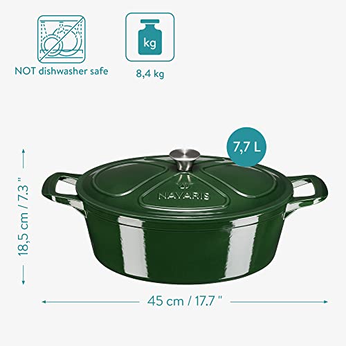 Navaris Enameled Dutch Oven - 8.1 QT Cast Iron Pot with Lid - Oval Non-Stick Large Covered Enamel Cookware - Safe for Induction Stove Top - Dark Green