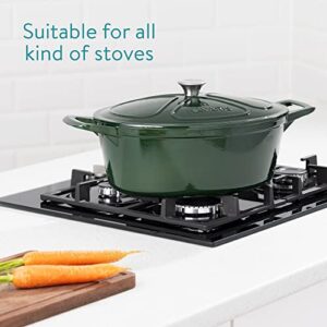 Navaris Enameled Dutch Oven - 8.1 QT Cast Iron Pot with Lid - Oval Non-Stick Large Covered Enamel Cookware - Safe for Induction Stove Top - Dark Green