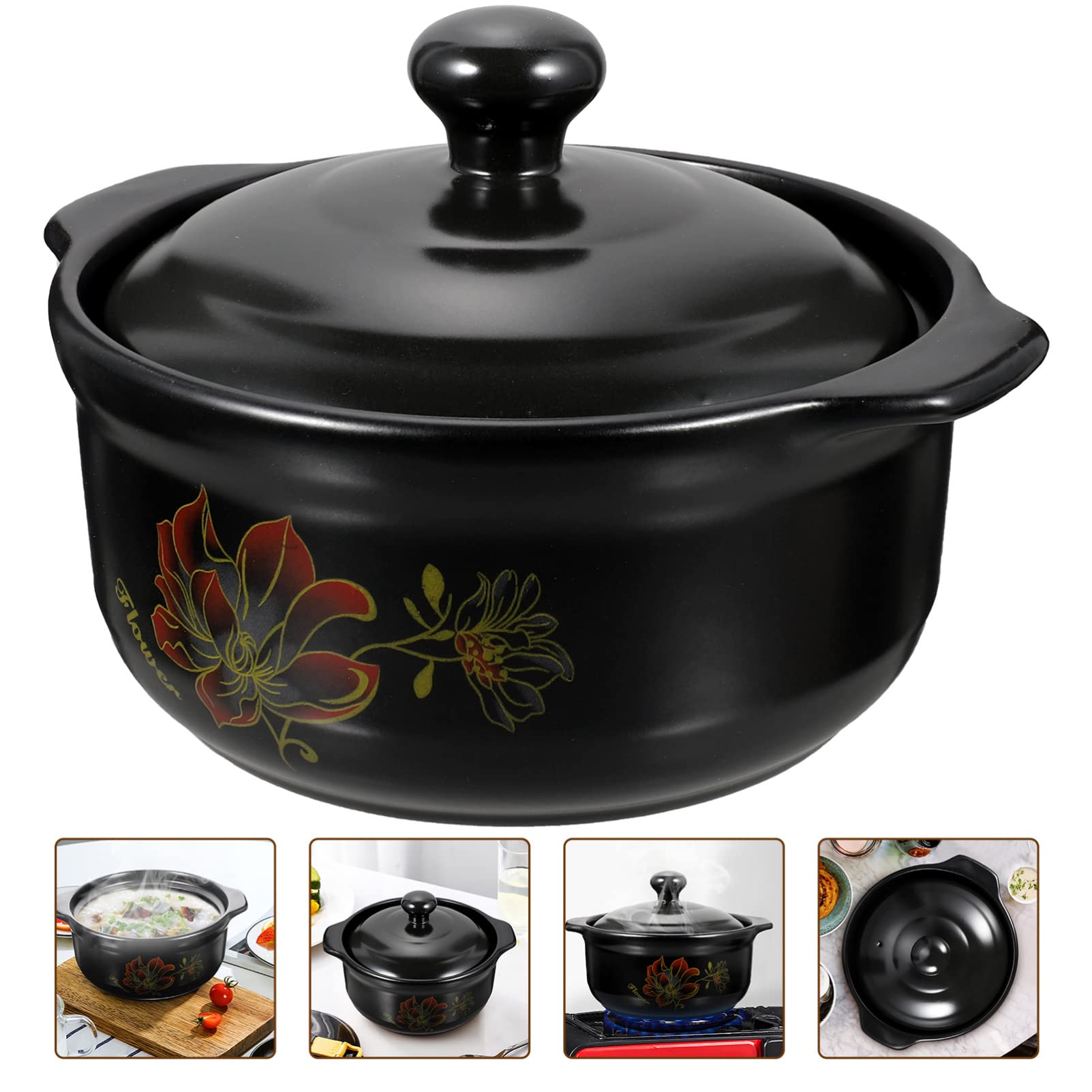 Luxshiny Ceramic Casserole Clay Earthenware Pot Chinese Stew Pot Soup Pot Cooking Pot Stockpot with Lid Kitchen Cookware 2.6L