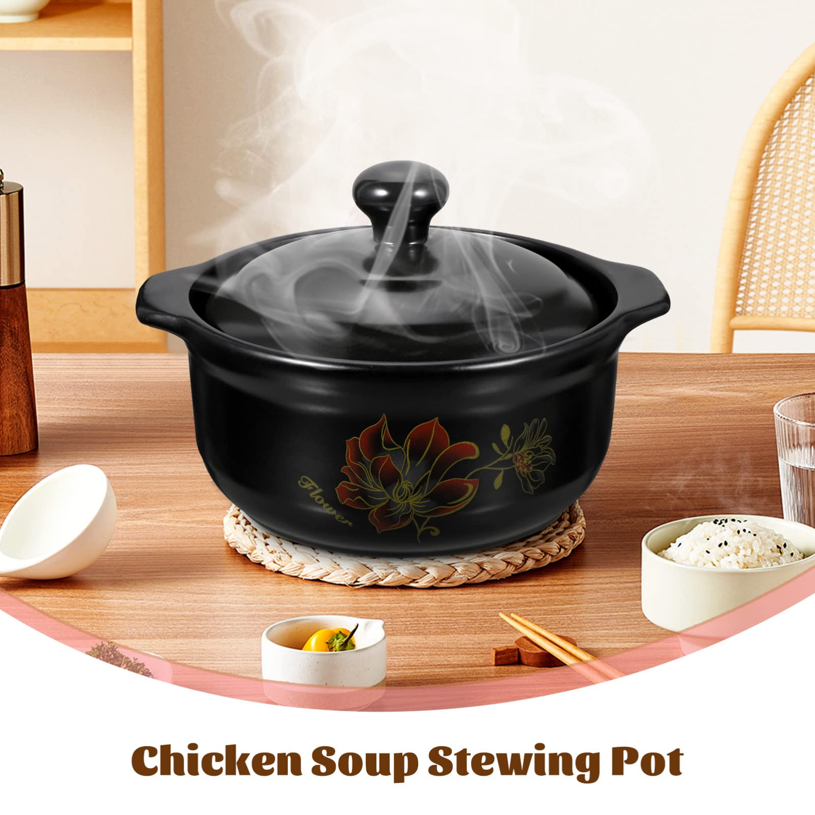 Luxshiny Ceramic Casserole Clay Earthenware Pot Chinese Stew Pot Soup Pot Cooking Pot Stockpot with Lid Kitchen Cookware 2.6L