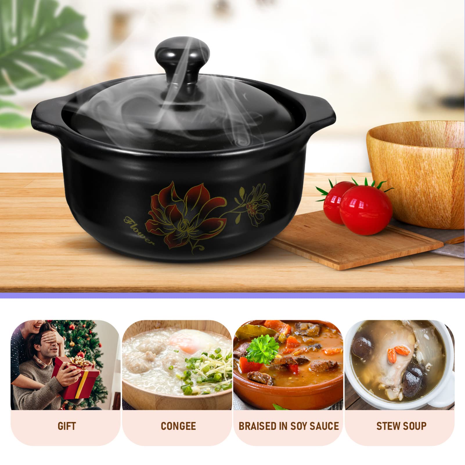 Luxshiny Ceramic Casserole Clay Earthenware Pot Chinese Stew Pot Soup Pot Cooking Pot Stockpot with Lid Kitchen Cookware 2.6L