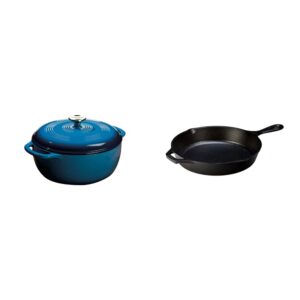 lodge ec6d33 enameled cast iron dutch oven, 6-quart, blue & l8sk3 10-1/4-inch pre-seasoned skillet