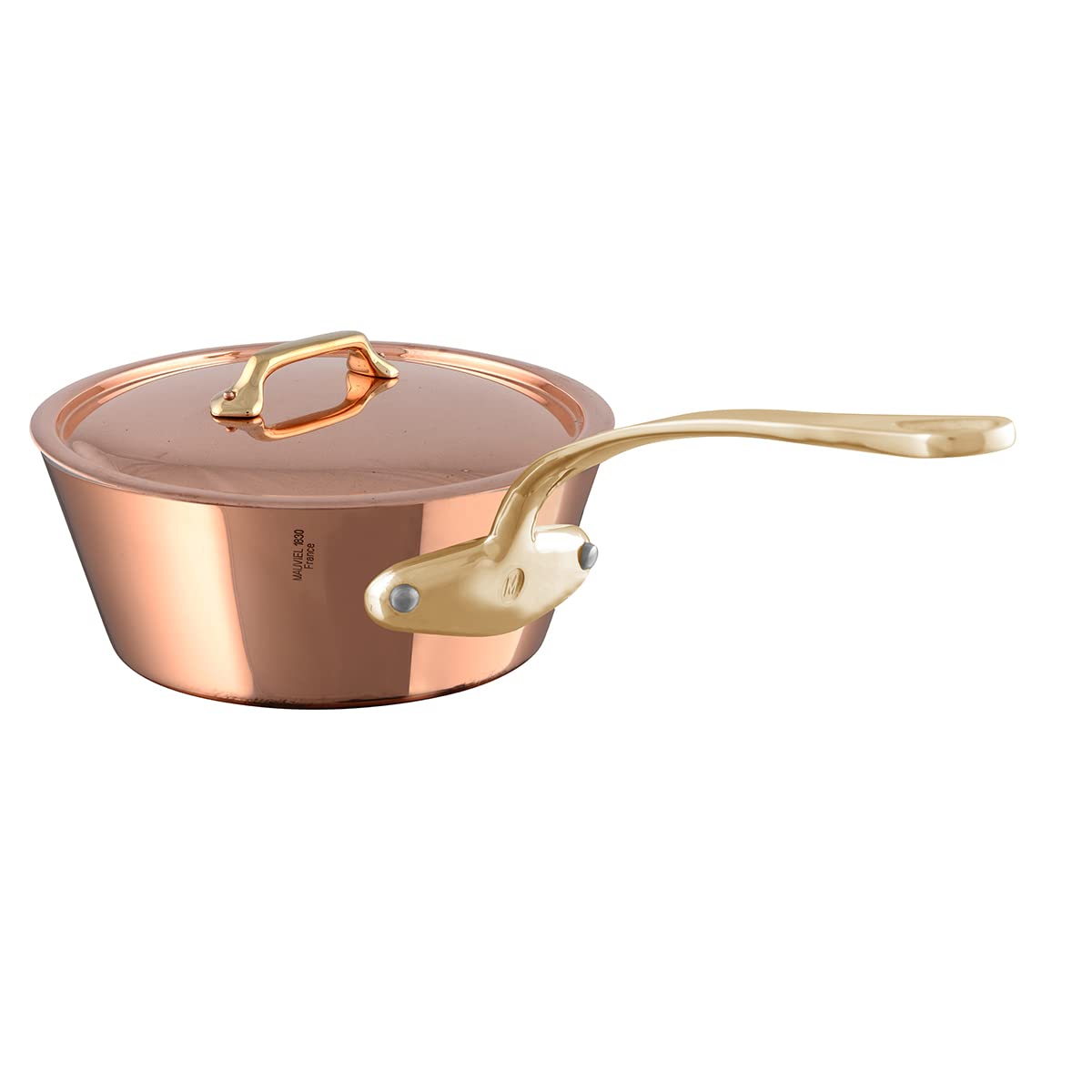 Mauviel M'200 B 2mm Polished Copper & Stainless Steel Splayed Saute Pan With Lid, And Brass Handles, 3.6-qt, Made in France