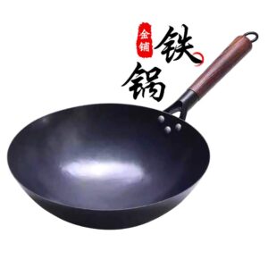 serenita chinese 100% hand hammered iron woks stir fry pans, non-stick, no coating, less oil, 34cm, black seasoned wooden handle