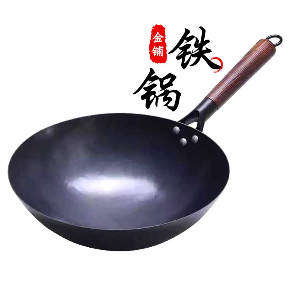 SERENITA Chinese 100% Hand Hammered Iron Woks Stir Fry Pans, Non-stick, No Coating, Less Oil, 34CM, Black Seasoned Wooden handle