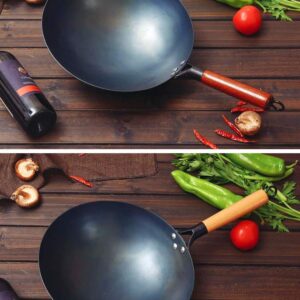 SERENITA Chinese 100% Hand Hammered Iron Woks Stir Fry Pans, Non-stick, No Coating, Less Oil, 34CM, Black Seasoned Wooden handle