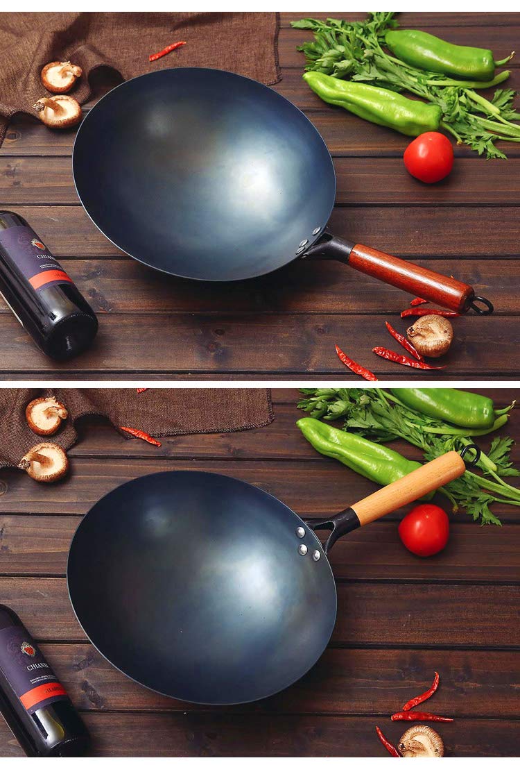 SERENITA Chinese 100% Hand Hammered Iron Woks Stir Fry Pans, Non-stick, No Coating, Less Oil, 34CM, Black Seasoned Wooden handle