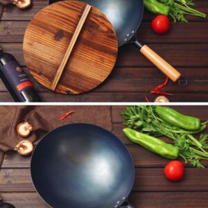 SERENITA Chinese 100% Hand Hammered Iron Woks Stir Fry Pans, Non-stick, No Coating, Less Oil, 34CM, Black Seasoned Wooden handle