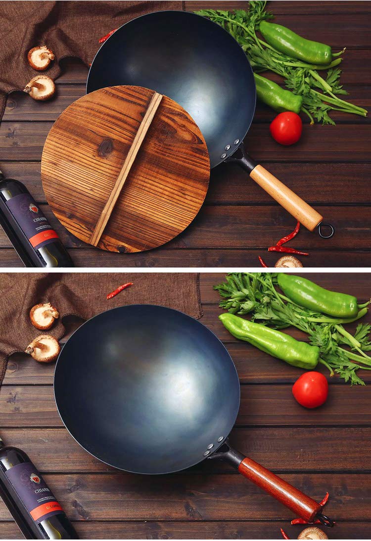 SERENITA Chinese 100% Hand Hammered Iron Woks Stir Fry Pans, Non-stick, No Coating, Less Oil, 34CM, Black Seasoned Wooden handle