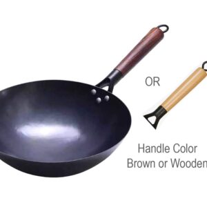 SERENITA Chinese 100% Hand Hammered Iron Woks Stir Fry Pans, Non-stick, No Coating, Less Oil, 34CM, Black Seasoned Wooden handle