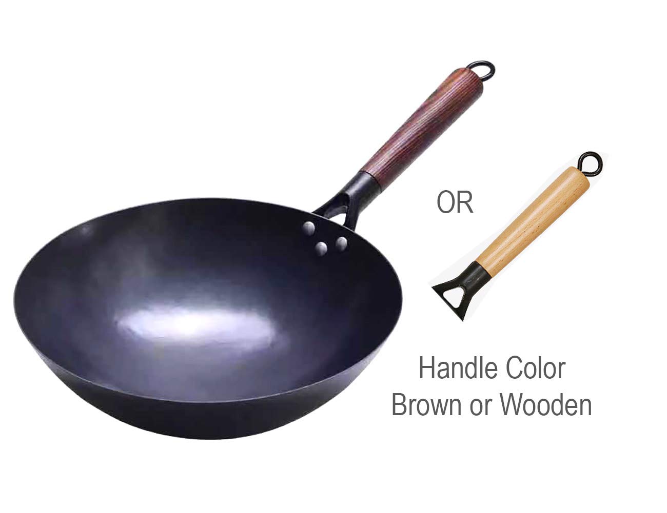 SERENITA Chinese 100% Hand Hammered Iron Woks Stir Fry Pans, Non-stick, No Coating, Less Oil, 34CM, Black Seasoned Wooden handle