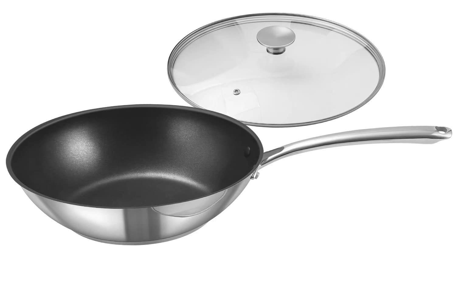 La Cuisine 11" stainless steel nonstick Wok Skillet with lid – Mirror Polish Exterior Finish, PFOA-free. Dishwasher Safe. 18/10 stainless steel..