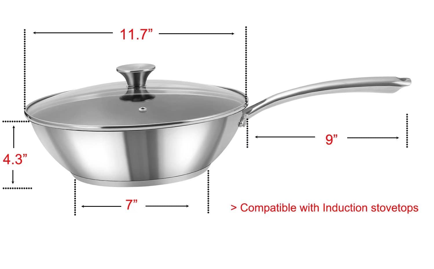 La Cuisine 11" stainless steel nonstick Wok Skillet with lid – Mirror Polish Exterior Finish, PFOA-free. Dishwasher Safe. 18/10 stainless steel..