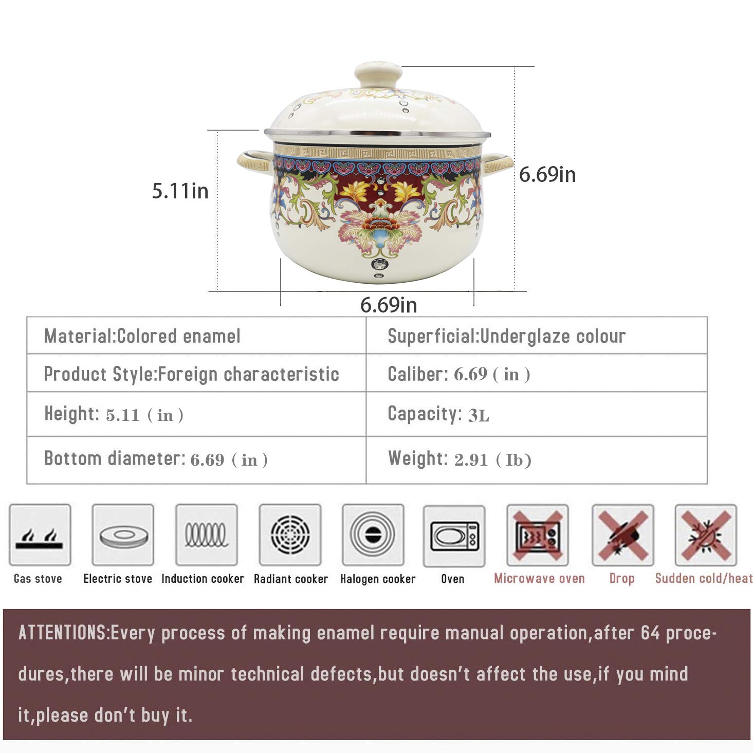 OLYTARU Flower Enamel on Steel Stock Pot/Stockpot with Lid, 3 Quart