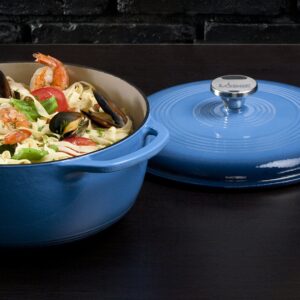 Lodge EC6D33 Enameled Cast Iron Dutch Oven, 6-Quart, Blue & Cast Iron Skillet with Red Silicone Hot Handle Holder, 12-inch