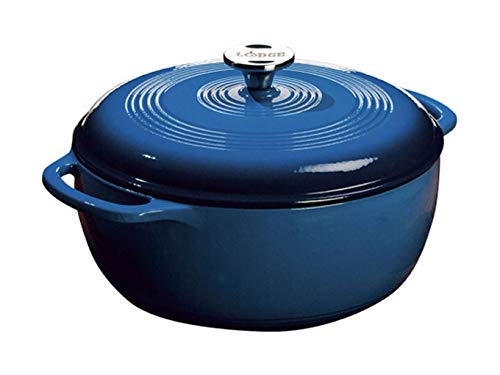 Lodge EC6D33 Enameled Cast Iron Dutch Oven, 6-Quart, Blue & Cast Iron Skillet with Red Silicone Hot Handle Holder, 12-inch