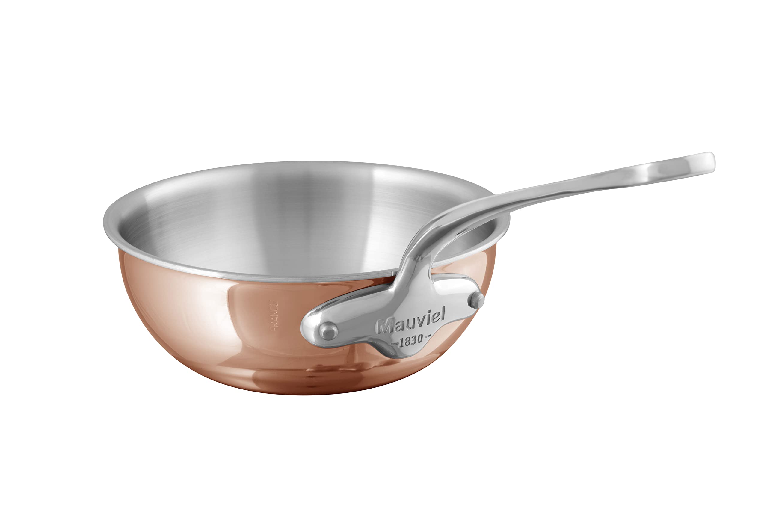 Mauviel M’6S 6-Ply Polished Copper & Stainless Steel Splayed Curved Saute Pan With Cast Stainless Steel Handle, 2.1-qt, Made In France