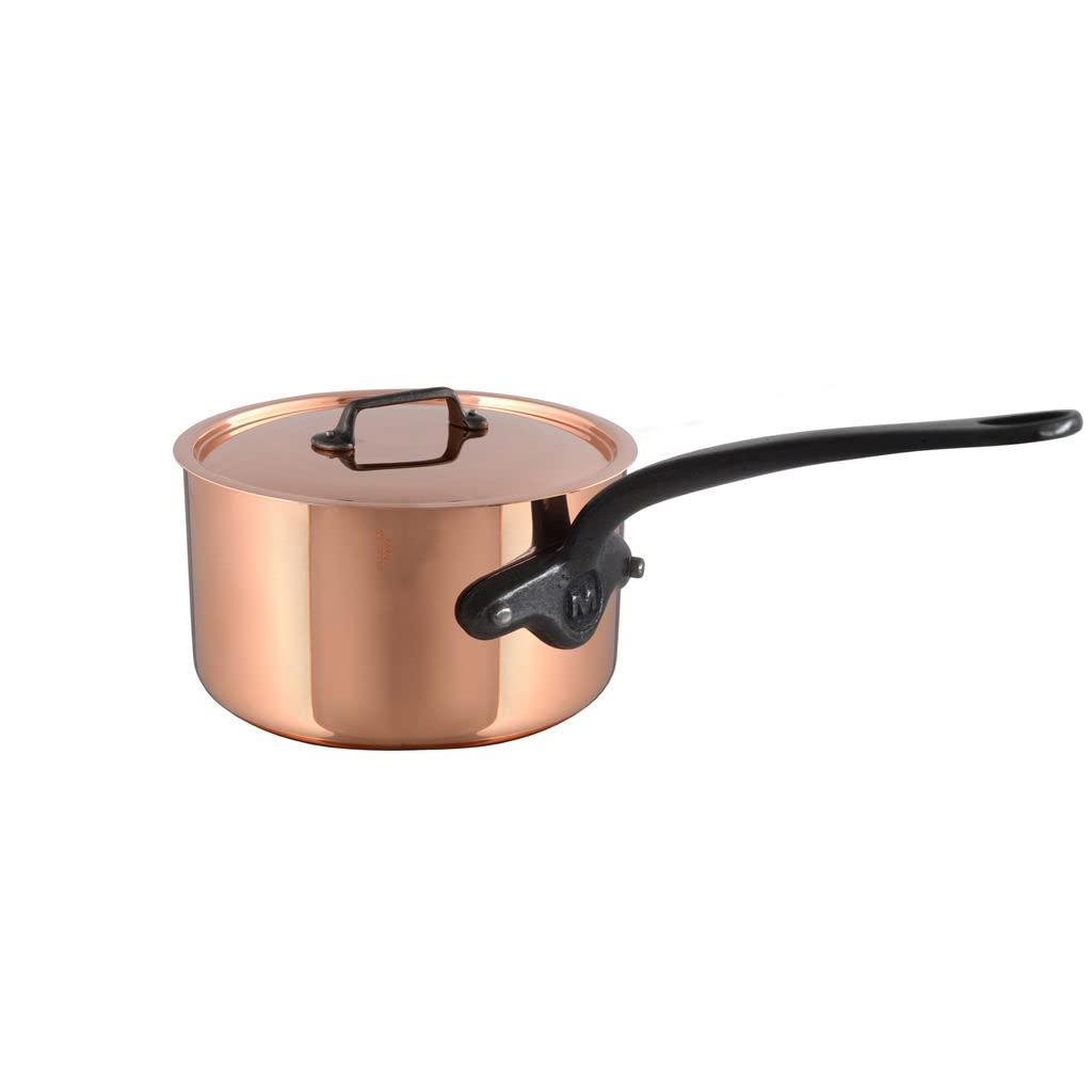 Mauviel M'Heritage M150CI 1.5mm Polished Copper & Stainless Steel Saucepan With Lid, And Cast Iron Handles, 1.3-qt, Made in France