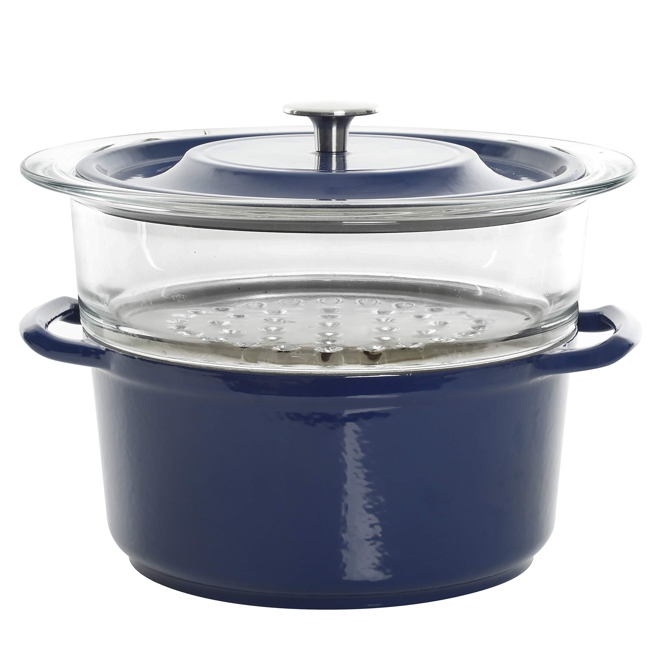 Kenmore Oak Park Cast Iron Dutch Oven with Lid and Steamer, 5-Quart, Blue