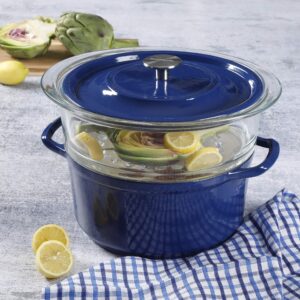 Kenmore Oak Park Cast Iron Dutch Oven with Lid and Steamer, 5-Quart, Blue