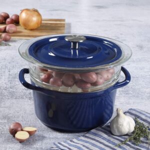 Kenmore Oak Park Cast Iron Dutch Oven with Lid and Steamer, 5-Quart, Blue