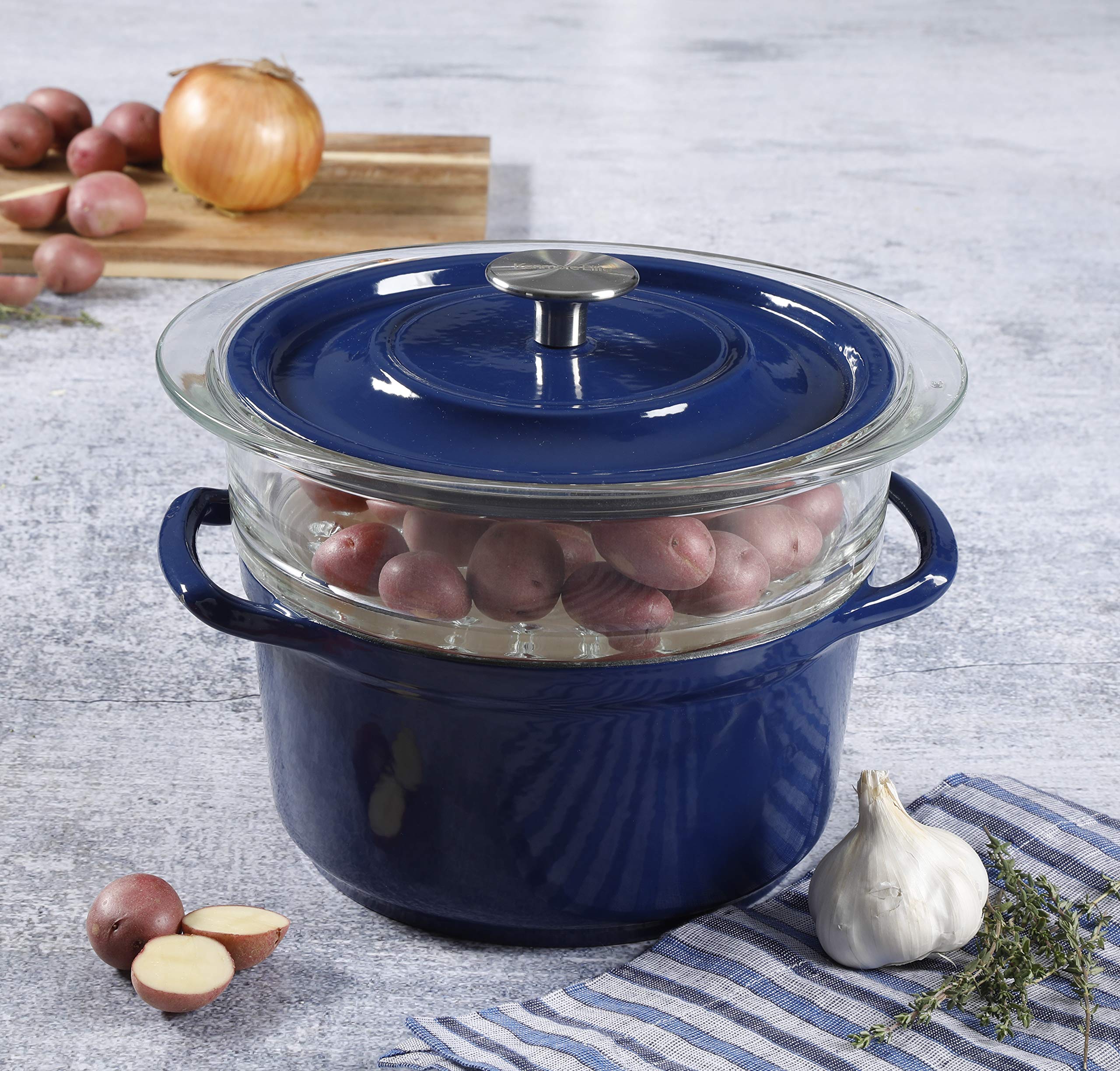 Kenmore Oak Park Cast Iron Dutch Oven with Lid and Steamer, 5-Quart, Blue