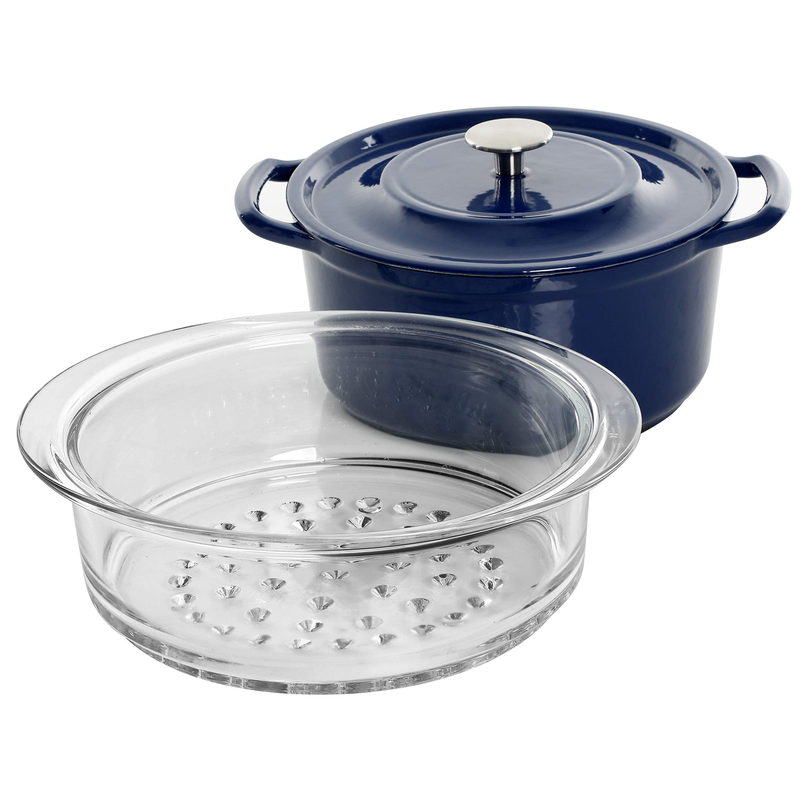 Kenmore Oak Park Cast Iron Dutch Oven with Lid and Steamer, 5-Quart, Blue