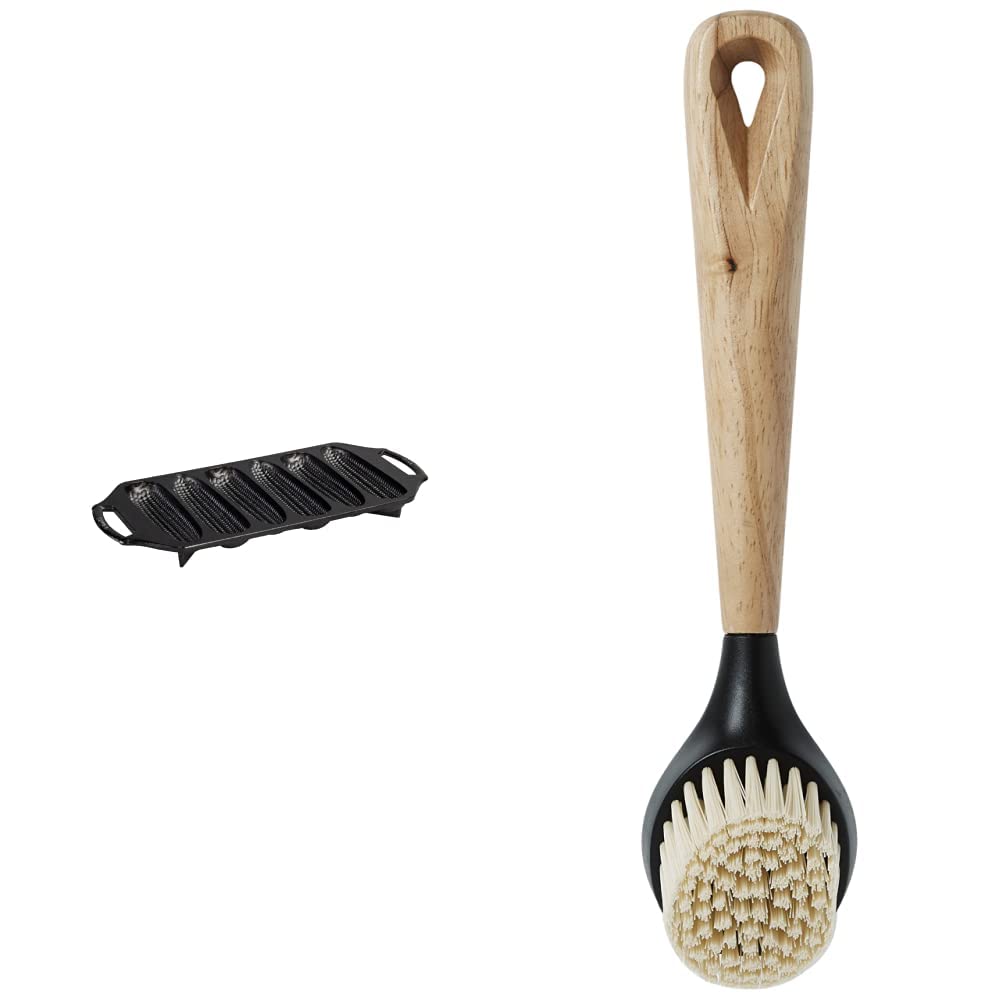 Lodge 6 Impressions Cast Iron Cornstick Pan & SCRBRSH Scrub Brush, 10-Inch