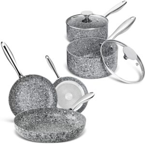 michelangelo saucepan set with lid, nonstick 1qt & 2qt nonstick sauce pan set with lid, small pot with lid, nonstick granite saucepan set, with stone frying pans set 8/9.5/11 inch