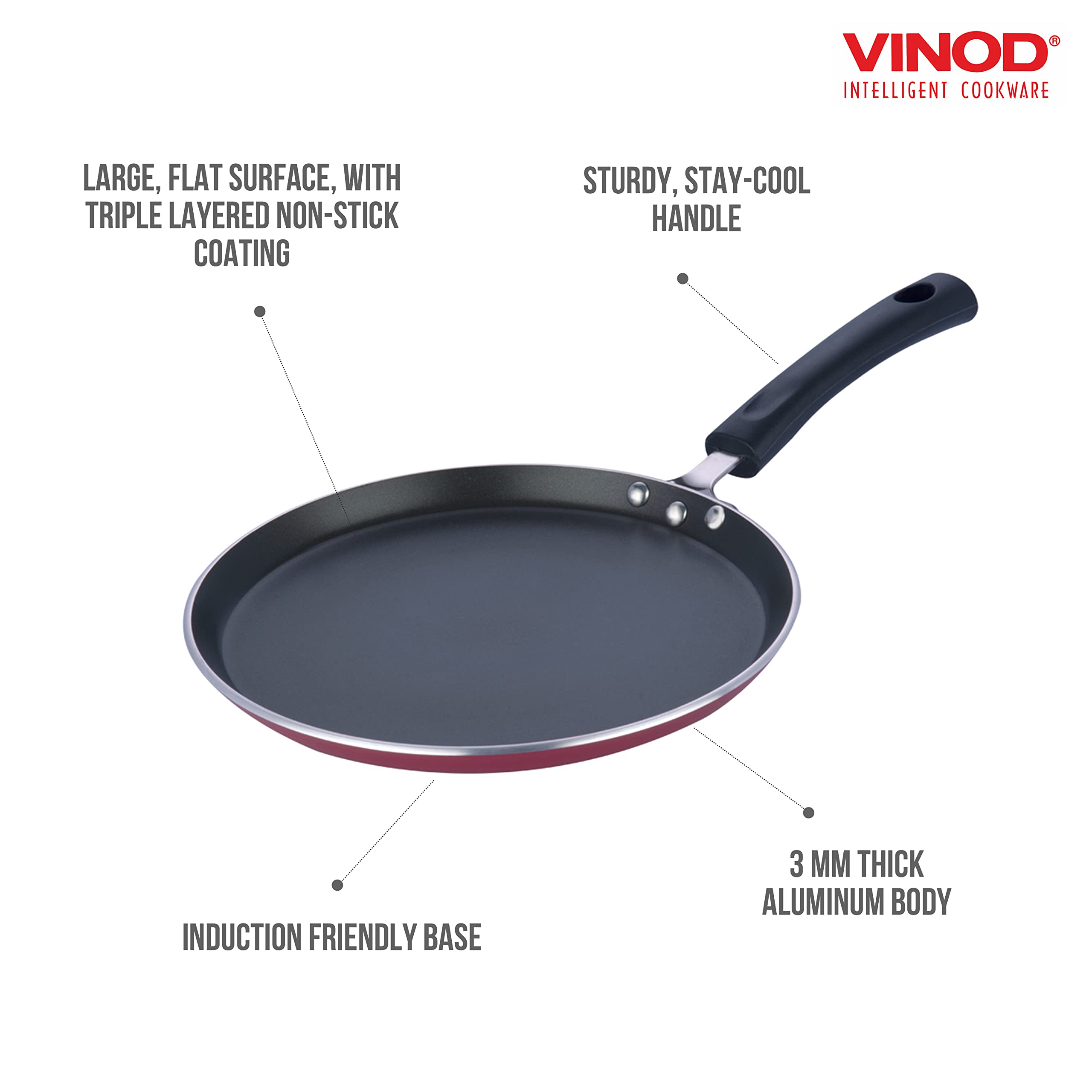 Vinod Dosa Tawa - 10 Inches Diameter - Crepe Pan - Nonstick Pancake Griddle - Induction Friendly - PFOA Free Scratch Friendly - Triple Riveted Handles - Works with Gas, Ceramic, Electric Stove