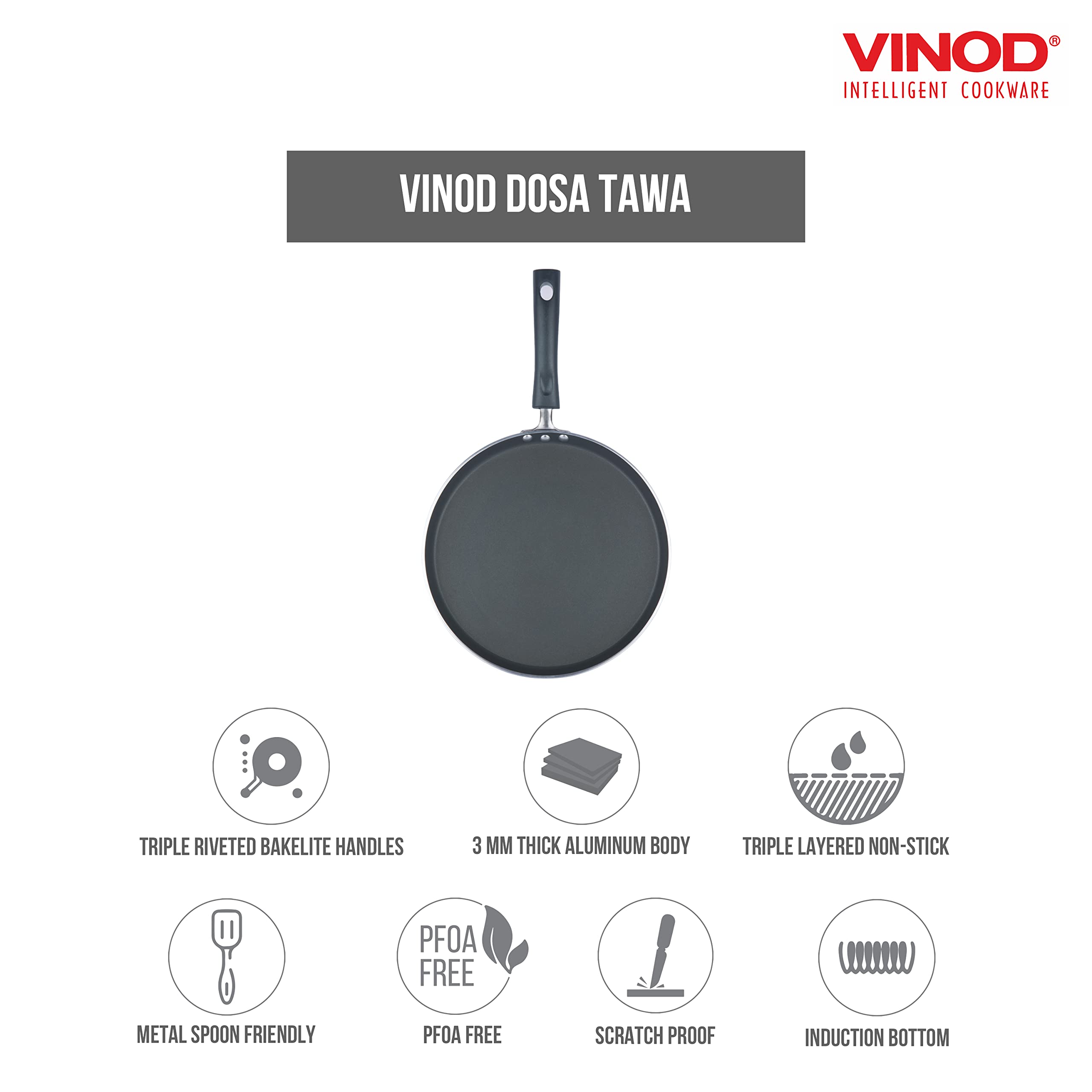 Vinod Dosa Tawa - 10 Inches Diameter - Crepe Pan - Nonstick Pancake Griddle - Induction Friendly - PFOA Free Scratch Friendly - Triple Riveted Handles - Works with Gas, Ceramic, Electric Stove