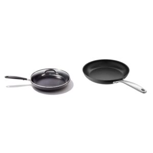 oxo good grips hard anodized pfoa-free nonstick 12" frying pan skillet & good grips pro hard anodized pfoa-free nonstick 10" frying pan skillet, dishwasher safe, oven safe, black