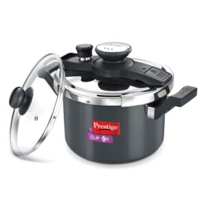 prestige clip on hard anodised aluminum pressure cooker with glass lid, 5 litres