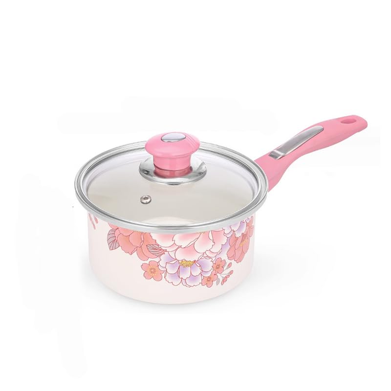 Enamel Saucepan 1500ml, Floral Small Cooking Pot Casserole with Glass Lid, Handle, Milk Pan Ramen Stockpots for Induction, Electric and Gas Stoves.