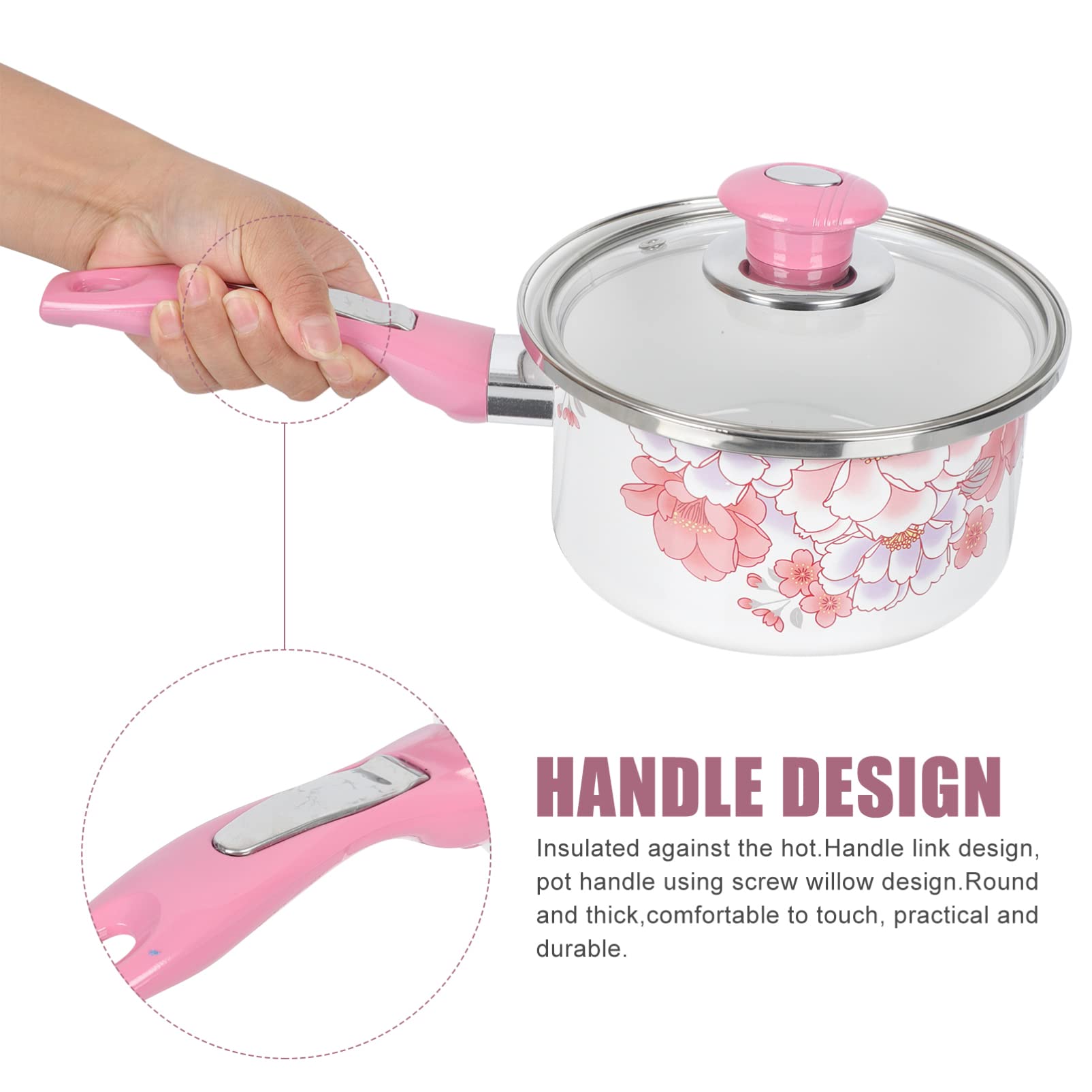 Enamel Saucepan 1500ml, Floral Small Cooking Pot Casserole with Glass Lid, Handle, Milk Pan Ramen Stockpots for Induction, Electric and Gas Stoves.