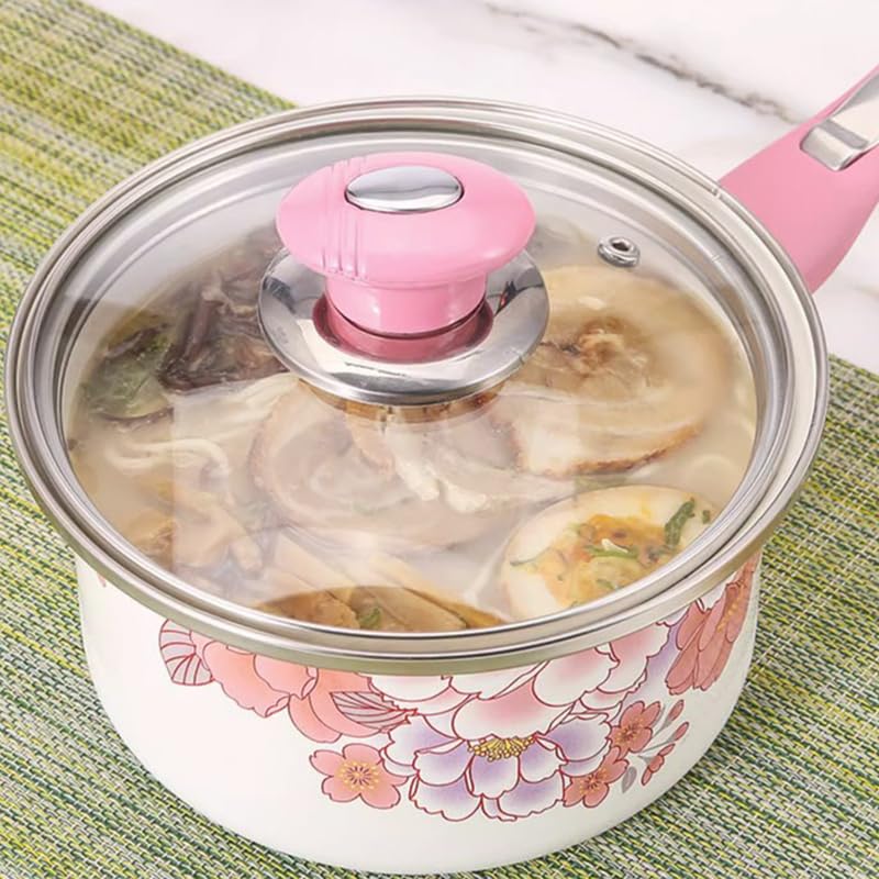 Enamel Saucepan 1500ml, Floral Small Cooking Pot Casserole with Glass Lid, Handle, Milk Pan Ramen Stockpots for Induction, Electric and Gas Stoves.