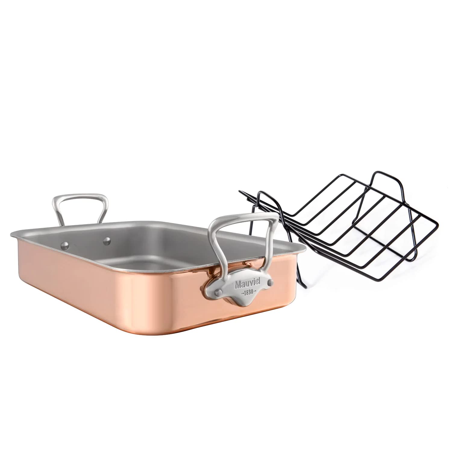 Mauviel M'150 S 1.5mm Polished Copper & Stainless Steel Roasting Pan With Rack, And Cast Stainless Steel Handles, 15.7 x 11.8-in, Made In France