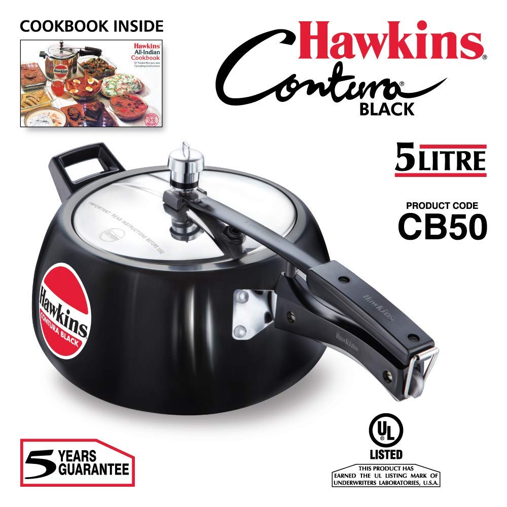 HAWKINS Hawkins Contura Black Pressure Cooker, 5 Litre, Black (Hard Anodized - CB50), Medium