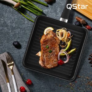 Qstar Nonstick 10.5 inch Grill Pan for Stove Tops Hard-Anodized Aluminum PFOA Free, Square, Black