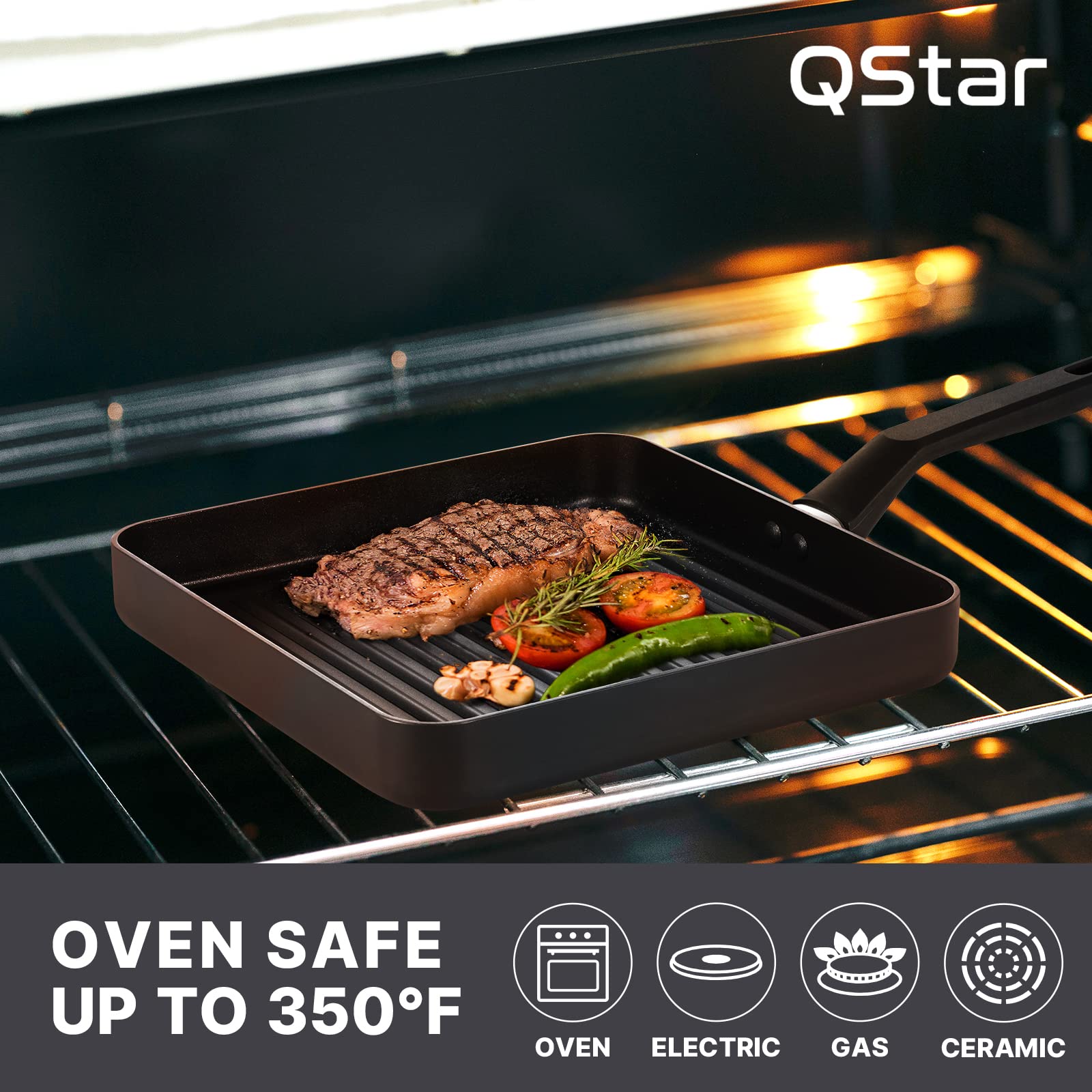 Qstar Nonstick 10.5 inch Grill Pan for Stove Tops Hard-Anodized Aluminum PFOA Free, Square, Black