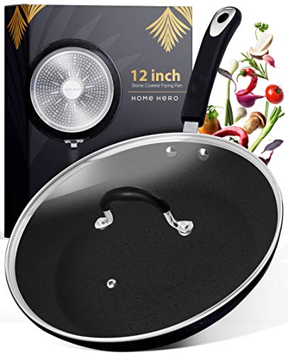 Home Hero 12 Inch Nonstick Frying Pan with Lid, Induction Compatible, Stone Coated, Tempered Glass