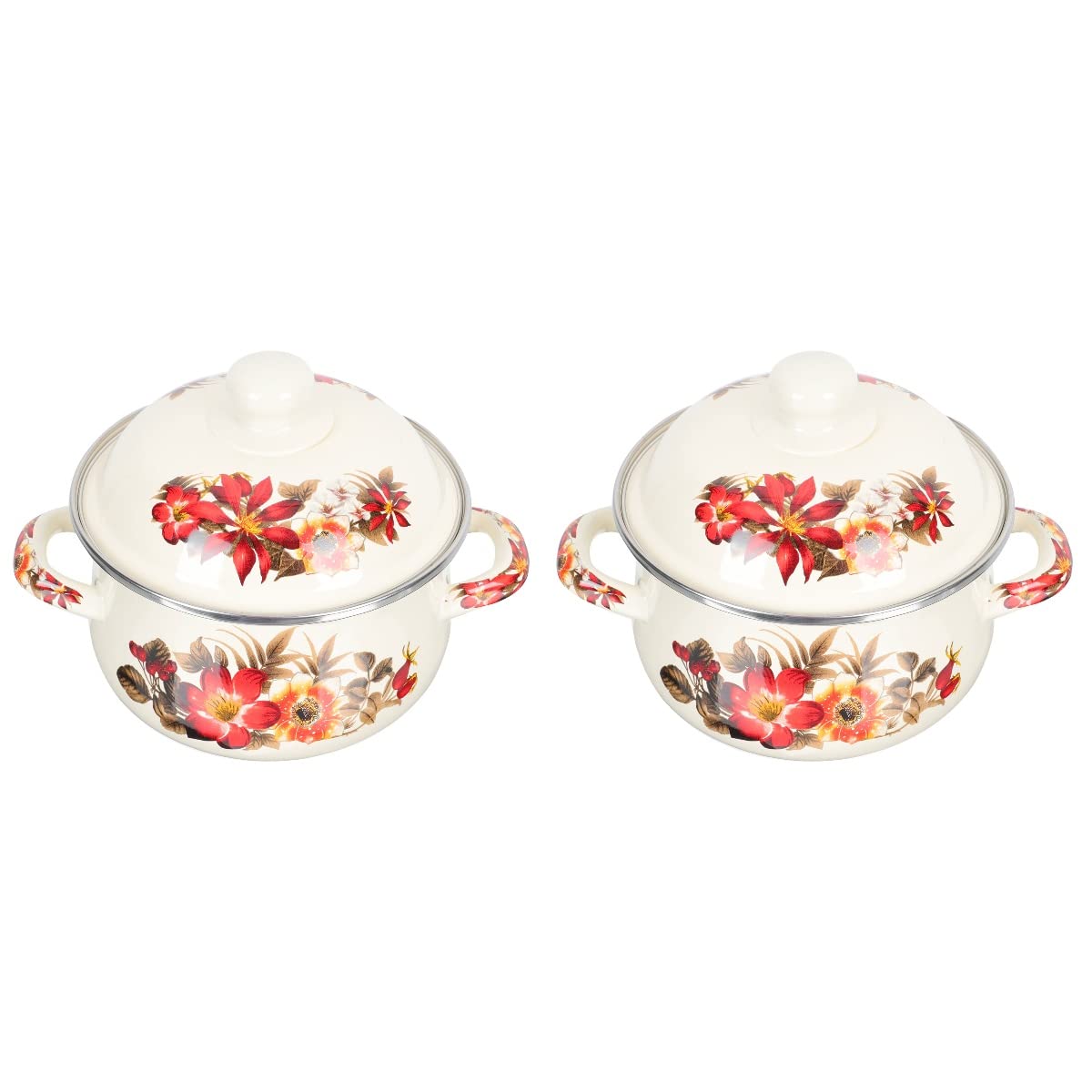 Hemoton 2 pcs Enamel Stew Pot Kitchen Stockpot Enamel Cooking Pot Thickened Stock Pot Vintage Enamel Stock Pot with Red Flower Enamelware Large Serving Pot Soup Basin (Random Style)